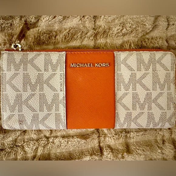 Michael Kors | Bags | Michael Kors Signature Orange And Cream Wallet ...